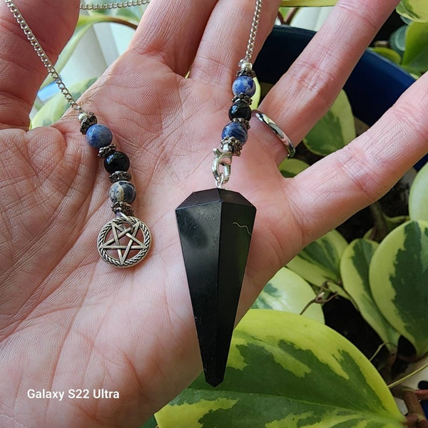 Obsidian Pendulum With Sodalite & Pentacle Charm | Hexagonal 6 Sided ...