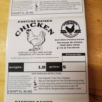 Chicken Poultry Custom Processing Label Pl 90-492 EXEMPT Pasture Raised ...