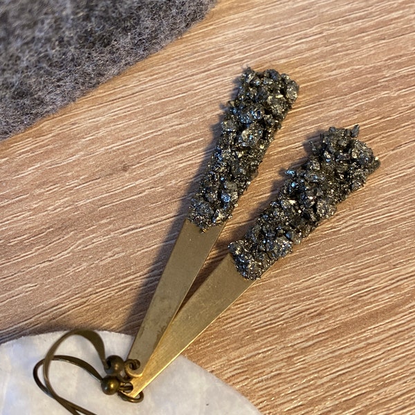 Pyrite Triangle Earrings, Brass Gold Statement Jewelry, Raw Crystal ...