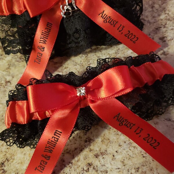 Personalized Black Lace Garter Set, Red Satin Bow, Keepsake Double ...