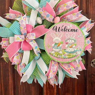 Welcome Bunny Wreath Sign, Easter Wreath Sign, Metal Wreath Sign, Signs ...