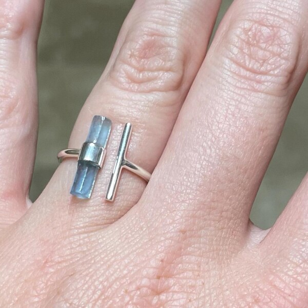 Raw Aquamarine Bar Ring, Adjustable Aqua Silver Stick Ring, March Birthstone Jewelry, Aquamarine ...