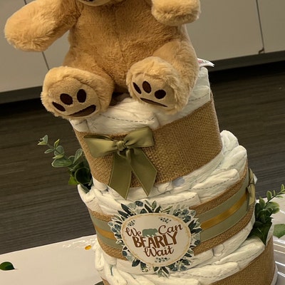 Teddy Bear Diaper Cake With a We Can Bearly Wait Theme for a Cute Baby ...