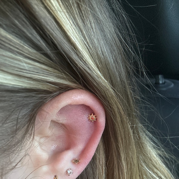 18G/16G Tiny Garnet Sun Internally Threaded Labret • Flat Back Earring • Tragus Stud • Flat Back ...