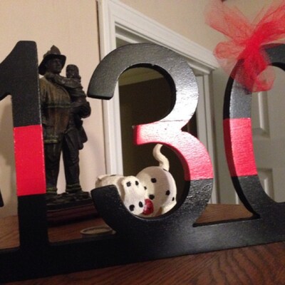 Firefighter Thin Red Line Wooden Badge Number Decor - Etsy