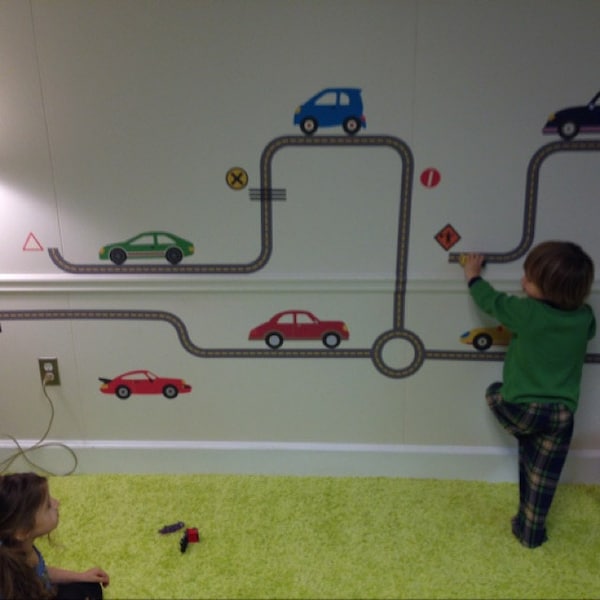 Wall Decals Cars With Straight and Curved Gray Road Reusable Fabric ...