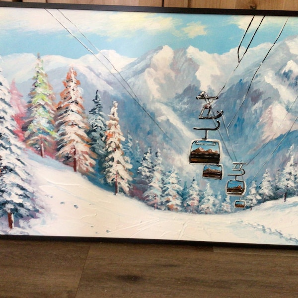White Ski Canvas Oil Painting, Ski Resort Texture Art, Colorful Pine ...