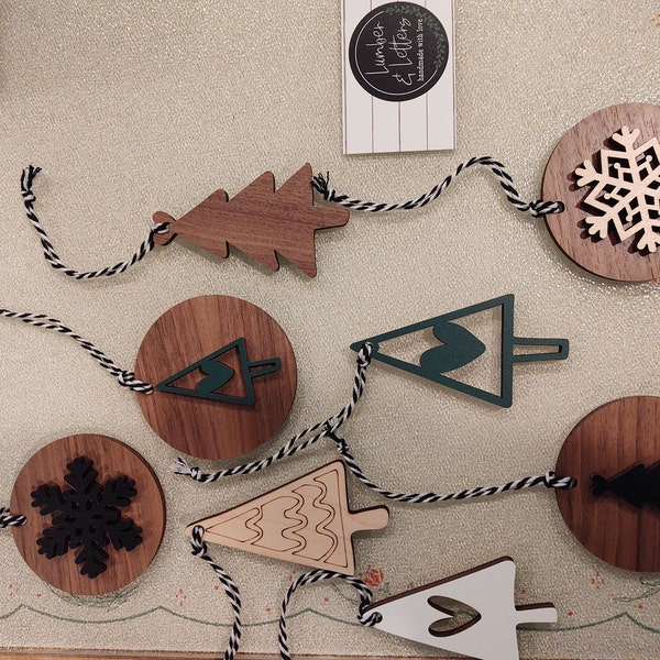 Set of 8 Walnut Wooden Snowflakes and Christmas Tree Ornaments Rustic ...