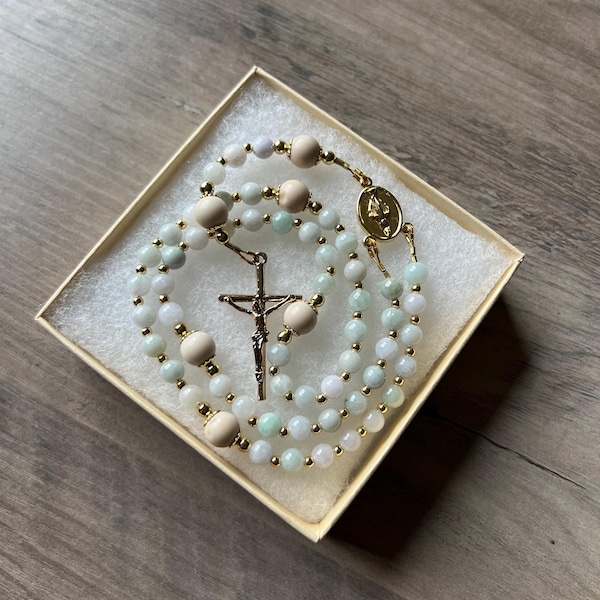 Modern Soft Green Catholic Rosary - Gold - Catholic Rosary - Gemstone ...