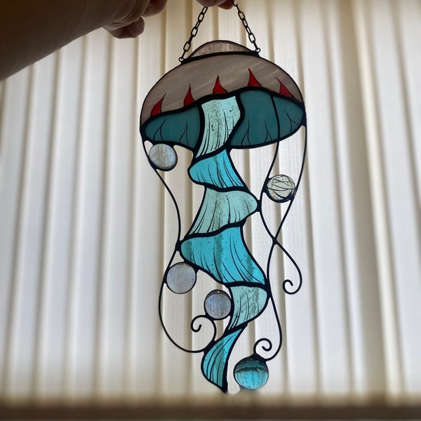 Jellyfish Stained Glass Sun Catcher Window Hanging Home Decor Ocean Sea ...