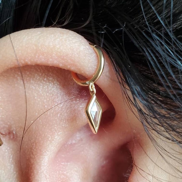 14K Solid Gold Dangle Charm Hoop Earring Dainty Drop Earring Dangle ...