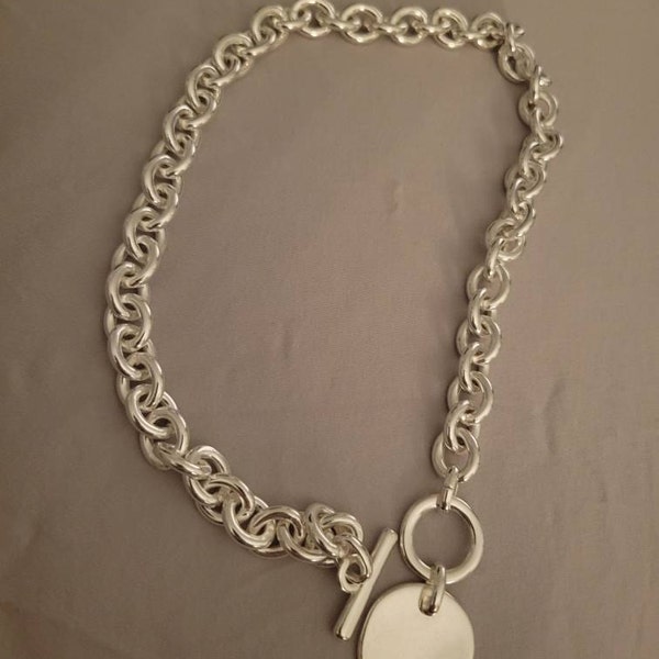 Silver Large Heavy Chain Coin Medal Necklace, Silver Statement Necklace ...