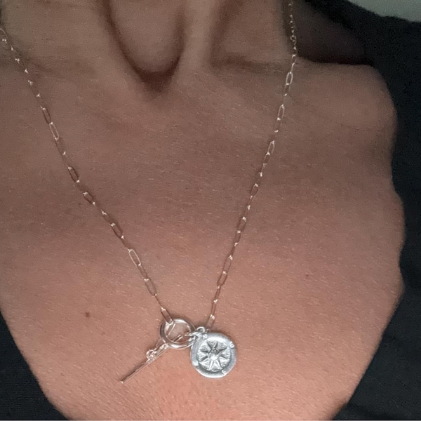 Sterling Silver Compass Necklace, Paperclip Chain Necklace With Toggle ...
