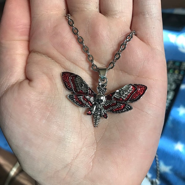 Blood Red Death Moth Head Hawkmoth Gothic Witchy Skull Pendant Silver ...