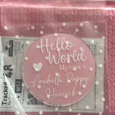 Personalised Acrylic Disc, Hello World Acrylic Disc, Baby Announcement ...