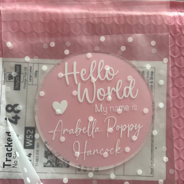 Personalised Acrylic Disc, Hello World Acrylic Disc, Baby Announcement ...