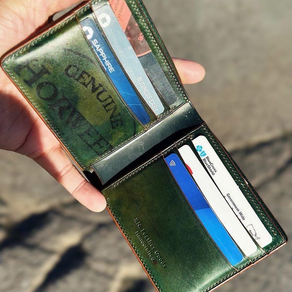Green Horween Shell Cordovan Leather Wallet - Handmade Wallet, Brown ...