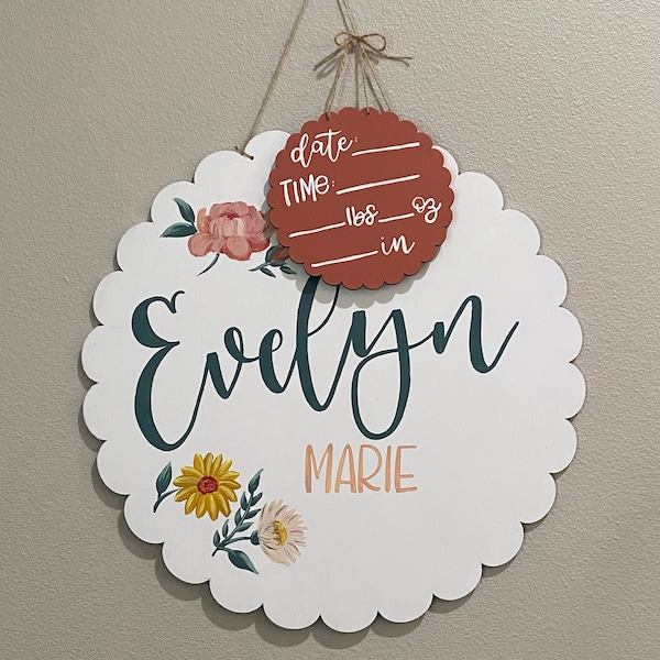 Boho Floral Hospital Door Hanger, Baby Girl Door Hanger, Scallop Edge ...