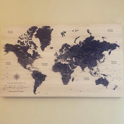 Modern Wood Push Pin Map of World on Canvas With Personalized Legend ...