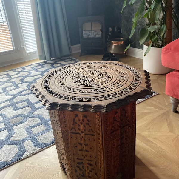 Hand Carved Folding Coffee Table – Round Wooden Side Table–traditional ...