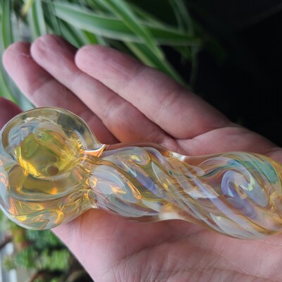 Yellow and Blue Fumed Glass Pipe Handmade Unique Golden Heady ...