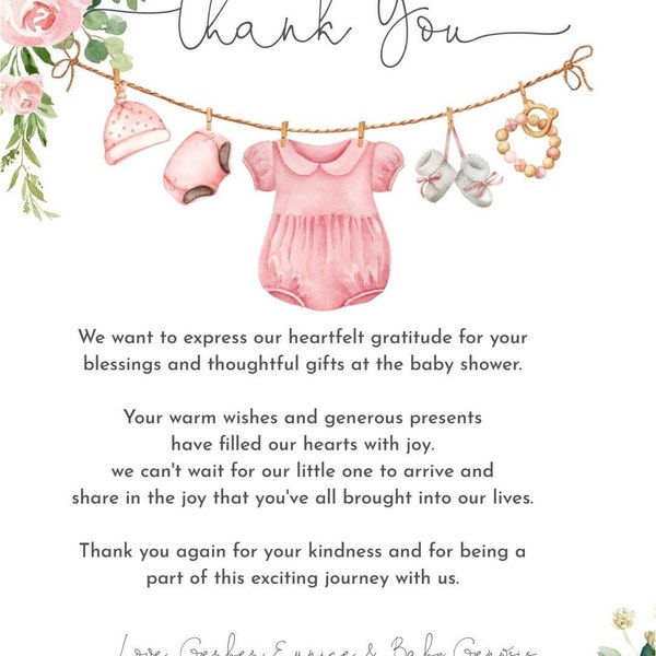Boho Baby Shower Thank You Card - Pink Floral Laundry Design Bab215 - Etsy