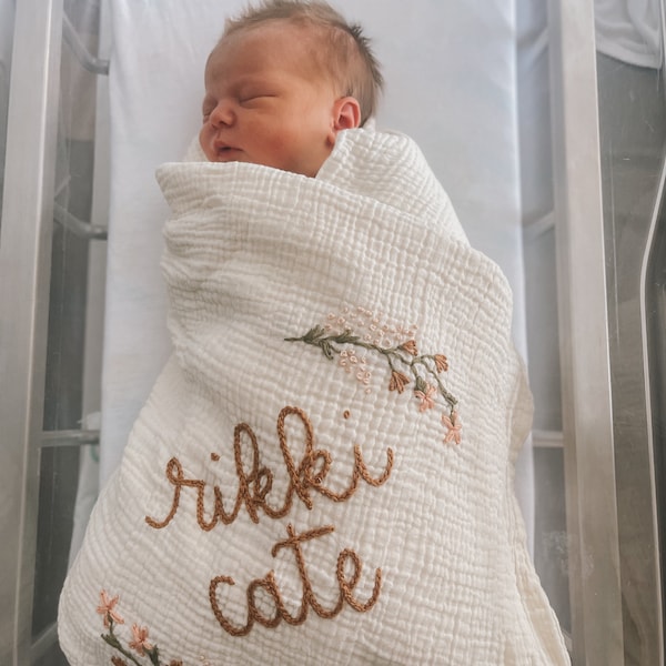 Personalized Hand Embroidered Baby Swaddle Blanket With Name and Floral ...