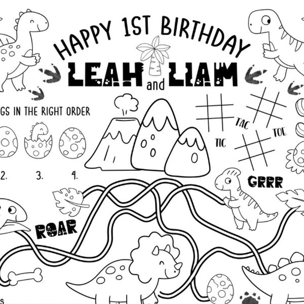 Personalized Cute Dinosaur Birthday Coloring Placemat for Kids Birthday ...