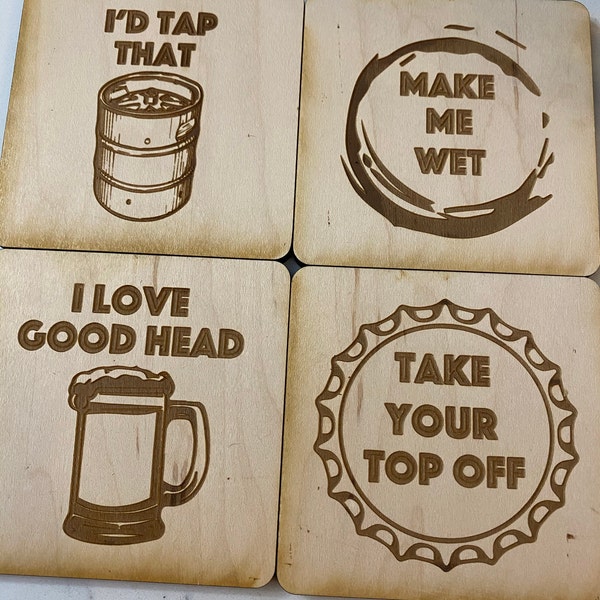 Funny Beer Coasters Set of 4 Wood Square Drink | Adult Humor | Home Bar ...