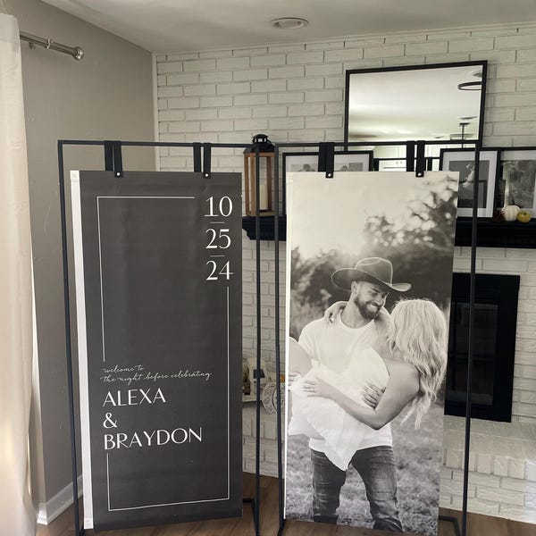 Black Curtain Wedding Welcome Sign With Stand, Curtain Print Welcome ...