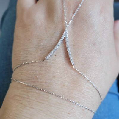 CZ Leaf Hand Chain Bracelet, Silver Wrap Bracelet, Adjustable Bracelet ...