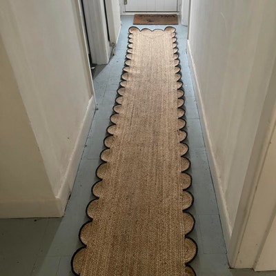 Braided Area Runner, Scallop Natural Jute Runner, Black Scalloped Edge ...