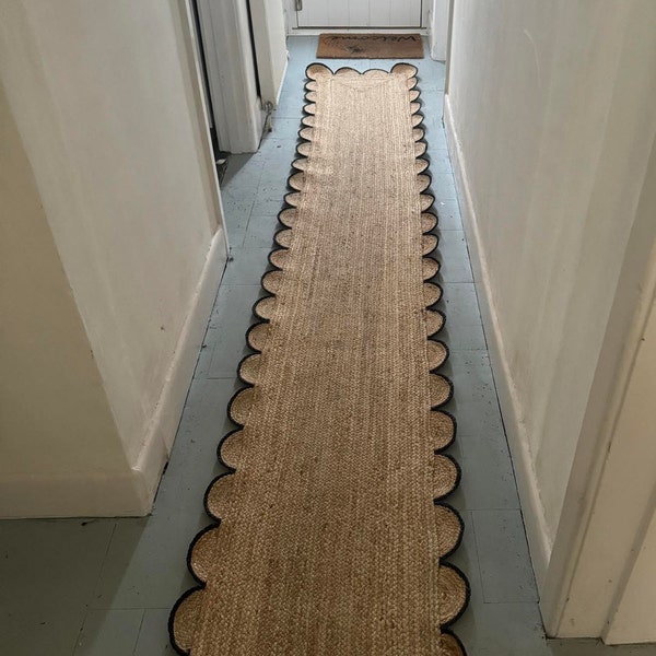 Braided Area Runner, Scallop Natural Jute Runner, Black Scalloped Edge ...