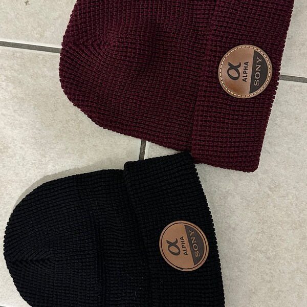 Waffle Knit Beanie Custom Leather Patch Hat; Classic Winter Hat ...