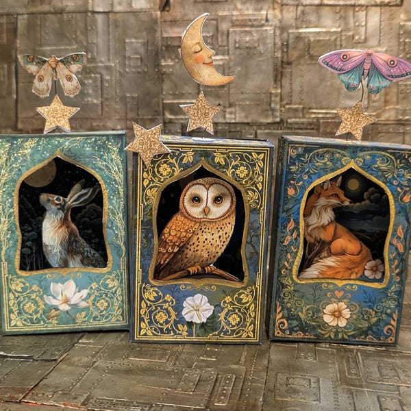 3 Foldable Diorama Boxes, Hare, Owl, Fox, Forest Woodland Animals ...