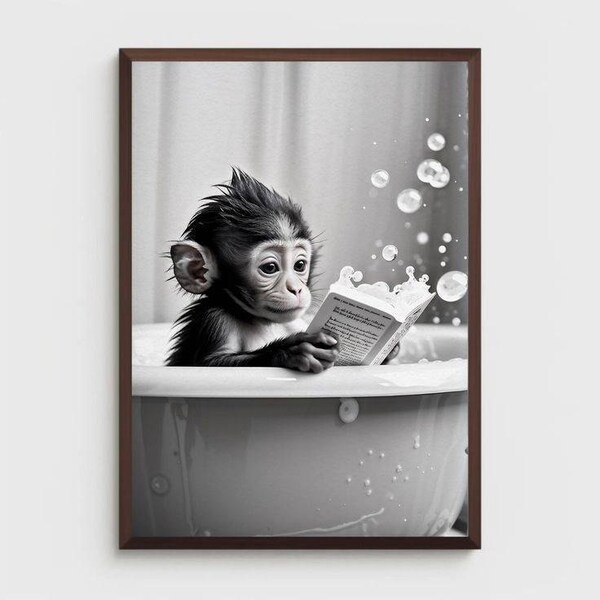 Cute Monkey in Tub Print Wall Art, Black and White Monkey Photo, Funny Monkey Art, Bathroom Art ...