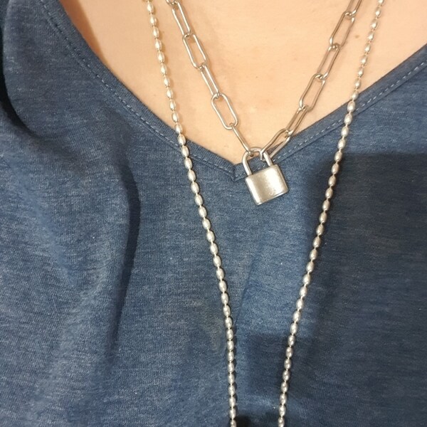 Padlock Chain Necklace, Unisex Stainless Steel Padlock Charm Necklace ...