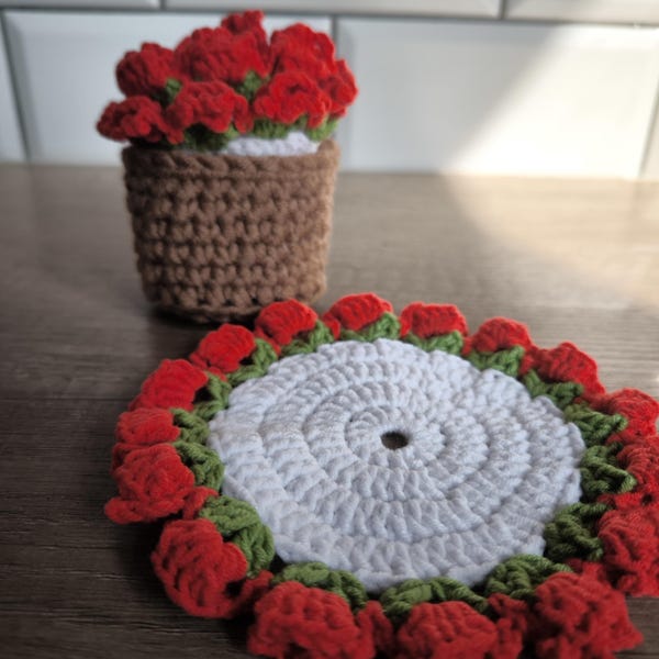 Crochet Rose Coaster Pattern – Flower Bouquet Pot Coaster (digital ...