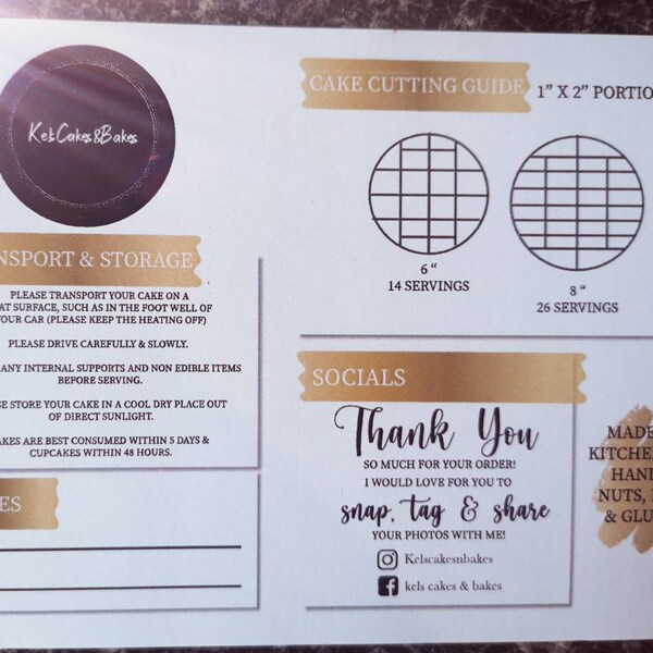 Bespoke Cake Care Card - Information Leaflet Insert for Bakers - Can ...