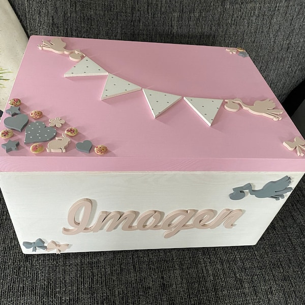 Personalised Pink Baby Memory Box With Wooden Shapes and Flag Bunting ...