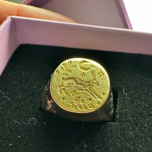 Handpainted White Rabbit Sterling Silver Signet Ring: Floral Fairy Tale ...