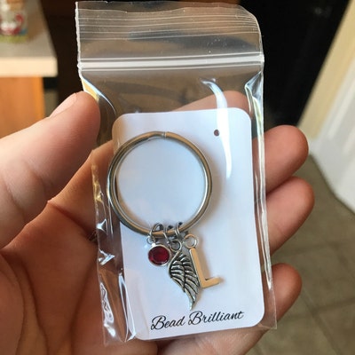 Wing Keychain Birthstone and Initial, Wing Keyring, Wing Gift, Memorial ...