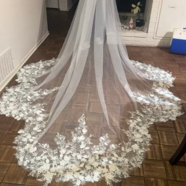 Irregular Mermaid Tail Bridal Veil Cathedral Pearl 3D Flower Trim Veil ...