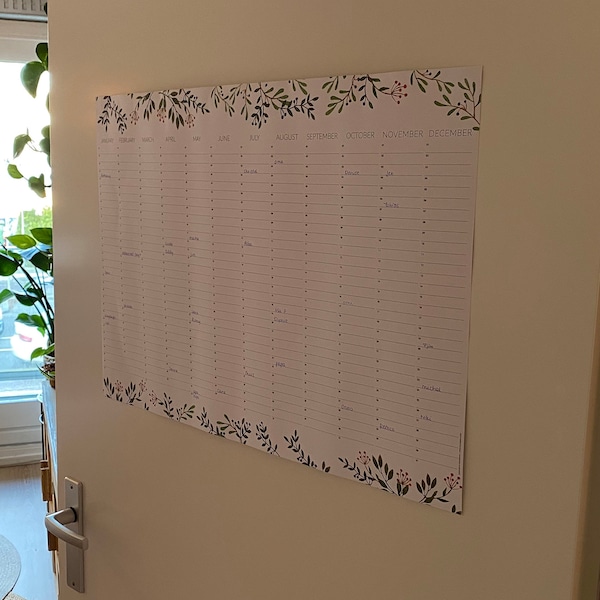 Perpetual Birthday Calendar, Wall Planner Botanical - Leaves Green ...