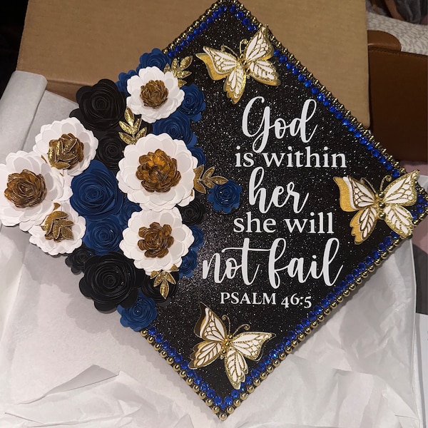 Custom Nursing Graduation Cap – Black Blue White Flowers RN BSN MSN ...