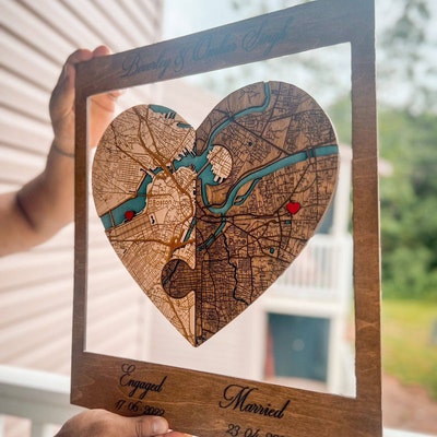 Long Distance Gift for Couple Personalized Framed Wood Map - Etsy