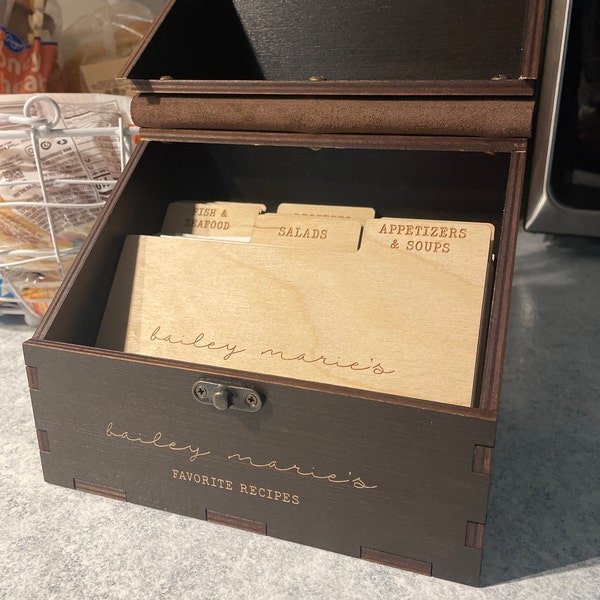 Personalized Recipe Box, Wood Recipe Box With Dividers & Recipe Cards ...