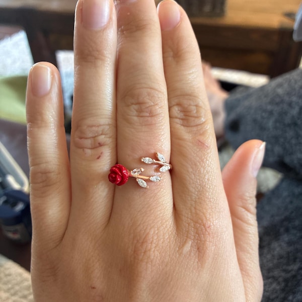 Adjustable Red Rose Ring, Elegant Red Rose Ring With Sparkly Gemstone ...