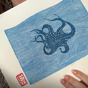 Linocut Ink Octopus Original Art Print, Limited Edition, Zoological ...