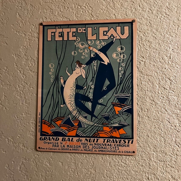 Vintage French Mermaid Poster Art Metal Sign Bar Coastal Decor ...